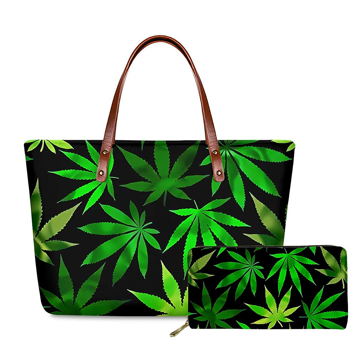 FKELYI Green Palm Leaves Design Womens Top-Handle Bag with Cluth Long Wallets Money Bag Set of 2 Packs