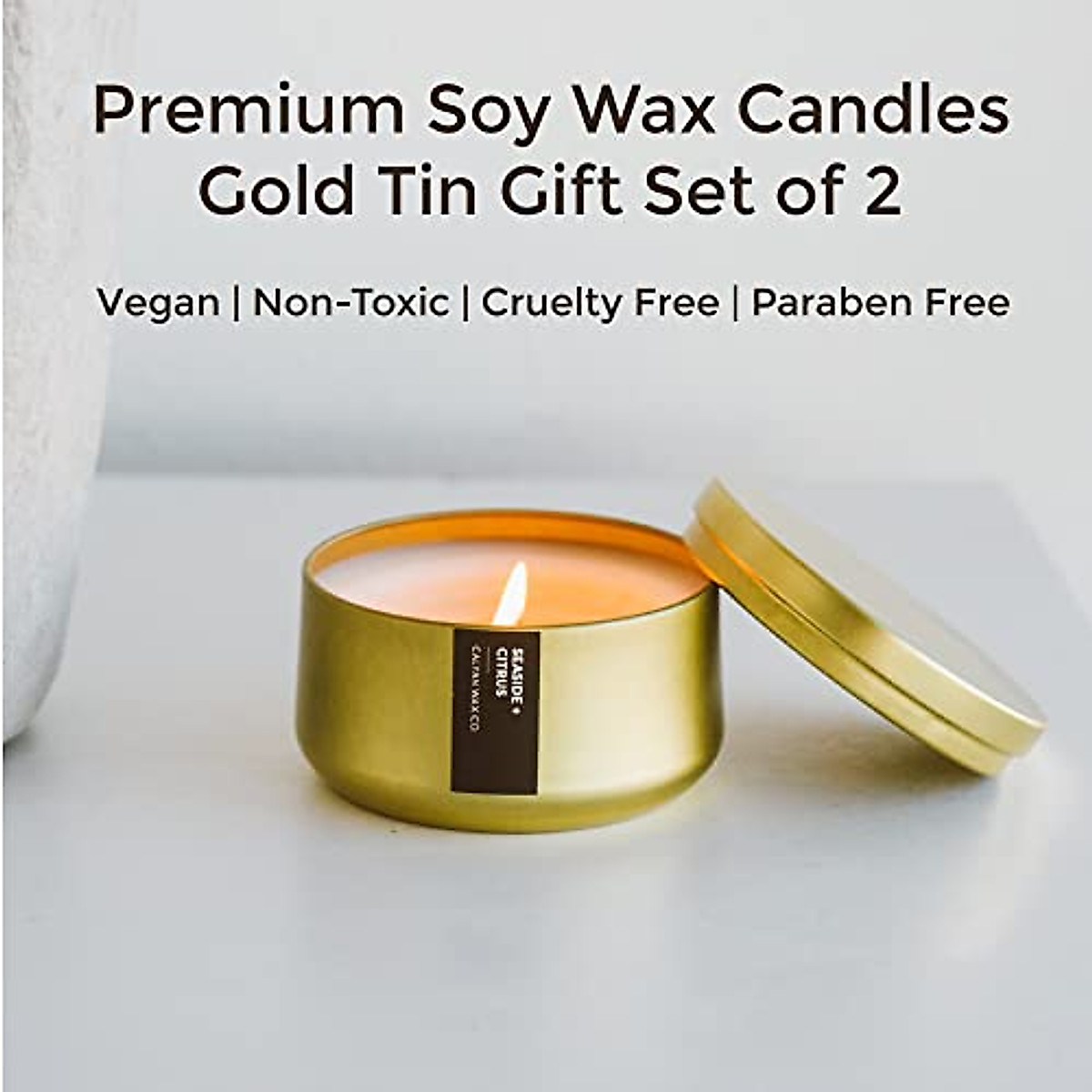 Calyan Wax Soy Candle, Oakmoss & Amber Scented Candles for The Home | Premium Candle Gift Set of 2 | 5.2 oz 30 Hour Burn | Soy Candles in Gold Metal Tins | Aromatherapy Candles