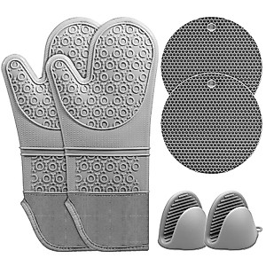 KWORK Extra Long Oven Mitts and Pot Holders 6pcs Sets,Silicone Oven Mitts with Cotton Lining,7 inch Inch Diameter Pot Holders,Mini Oven Gloves for Cooking & Baking, Gray, One Size