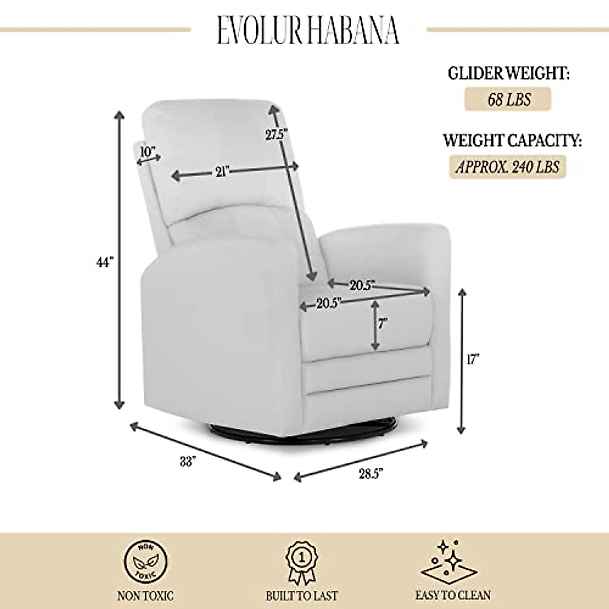 Evolur Habana, Swivel, Easy Assembly Glider Chair, Grey