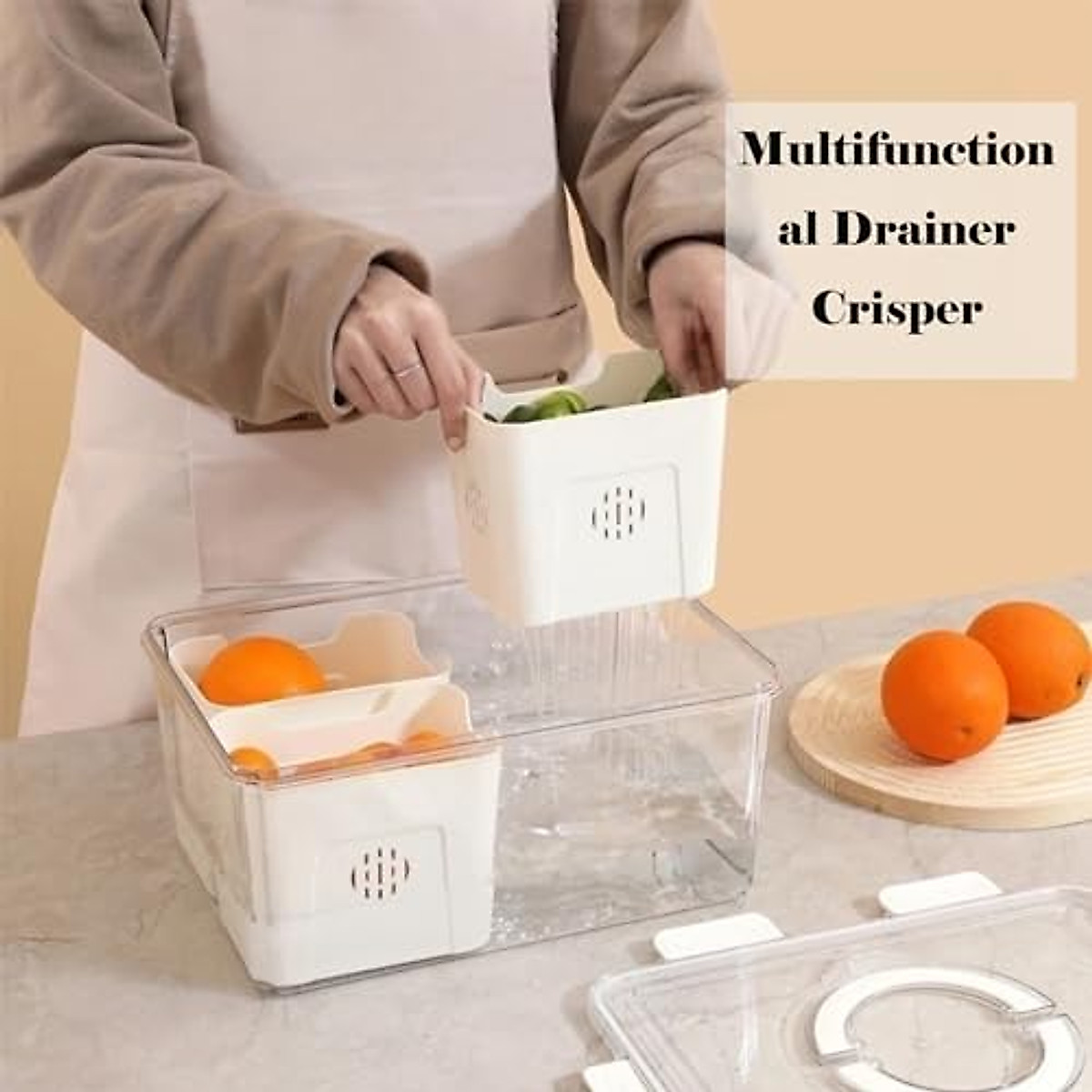 VANEME Airtight Fruit Storage Containers with Lids and Handle,Fridge Organizer,with 4 Removable Colanders for Fresh Produce, Fruit and Vegetable Storage(White)