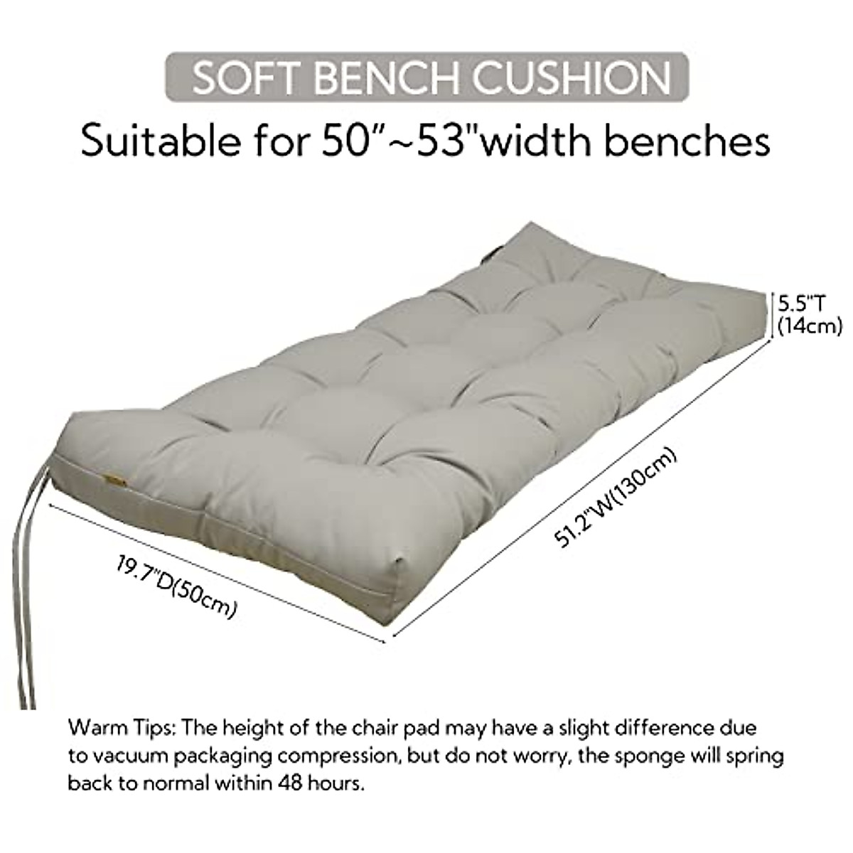 Alurzio Bench Cushion for Indoor Outdoor Furniture, 51.2X19.7Inches,1 Pack, Window Seat Cushions,Thick Patio Bench Cushion with Ties, Machine Wash and Dryer, Durable,Tufted,Light Gray