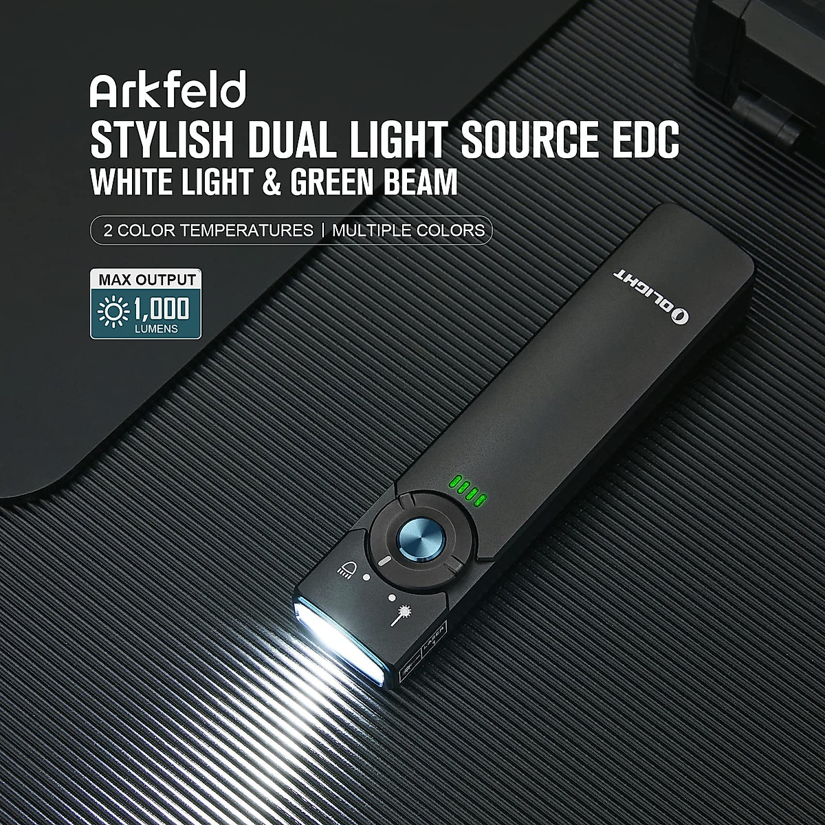 OLIGHT Arkfeld Flat Flashlight 1000 Lumens Dual Light Source EDC Lights with Green Beam and White LED Combo, with Rechargeable Built-in Battery for Outdoors, Emergency, Work (Black Cool White)