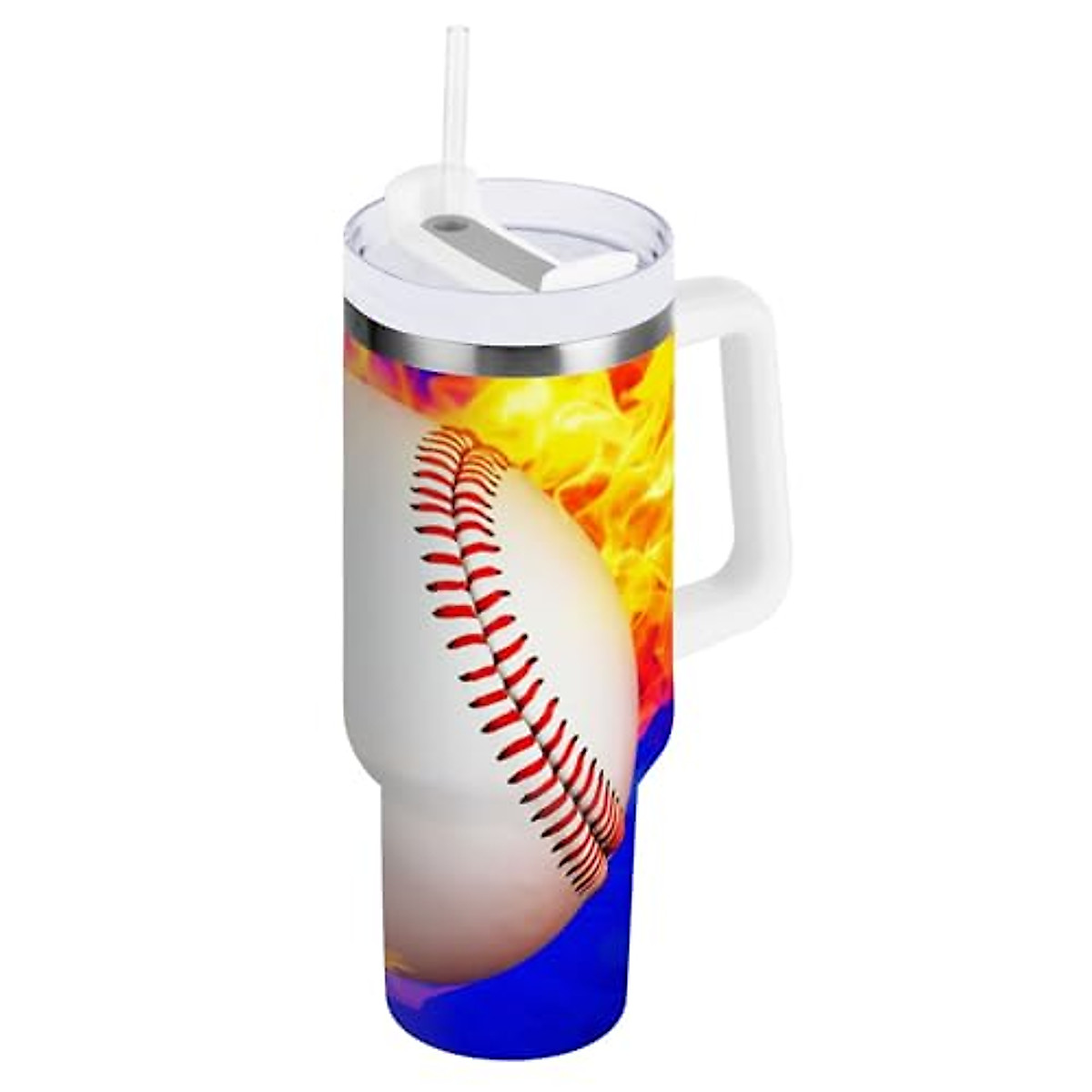 ODAWA 30 Oz Baseball Flames Blue Insulated Tumbler Cup with Lid and Straw, 2 in 1 Lid Insulated Stainless Steel Tumblers