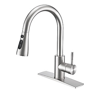 LEPO Brushed Nickel Pull Out Kitchen Sink Faucet, Modern Stainless Steel Single Handle High Arc Rv Faucet with Pull Down Sprayer and Deck Plate