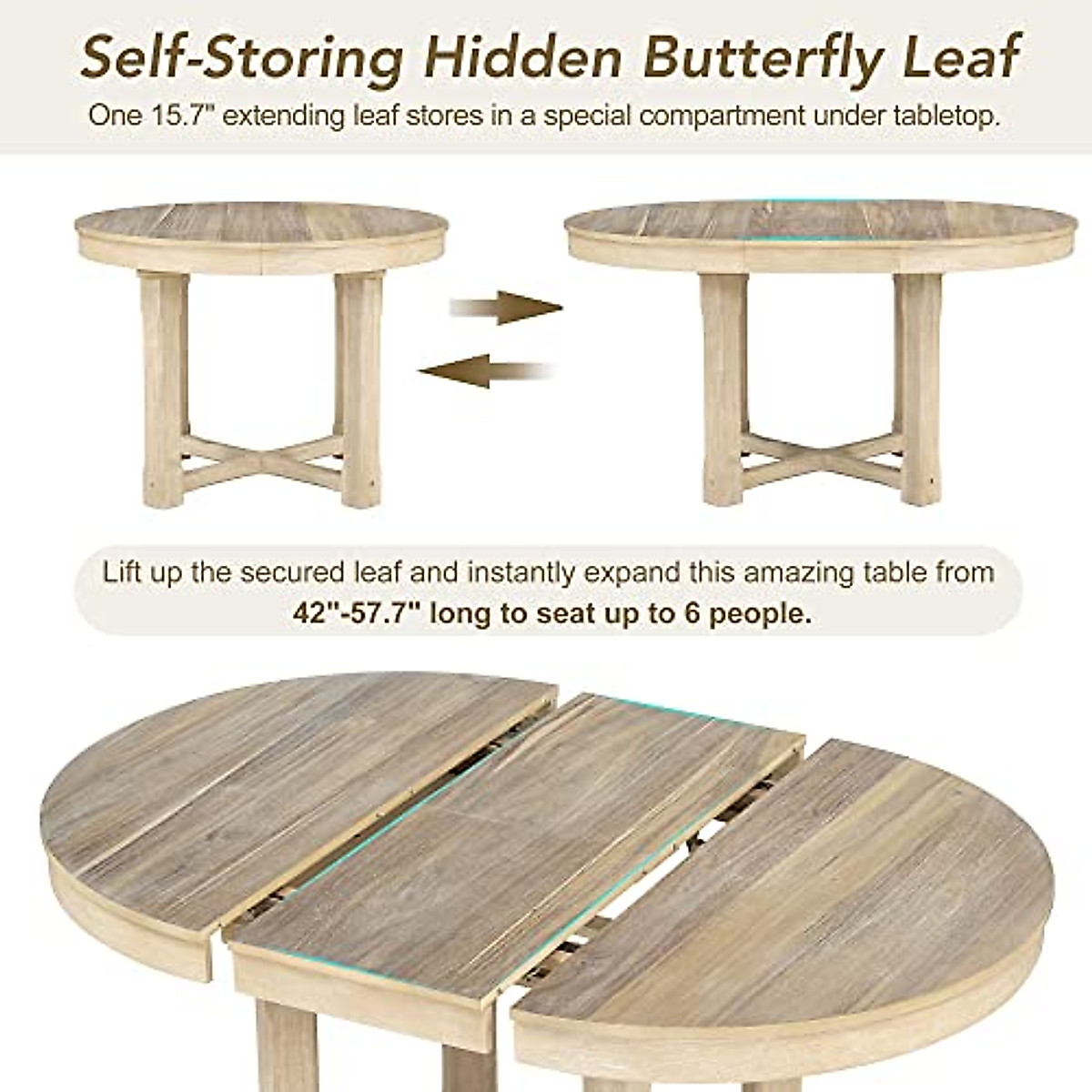 5-Piece Extendable Dining Table Set with Upholstered Chairs and Armrests, Two-Size Round to Oval Butterfly Leaf Wood Table, Natural Wood