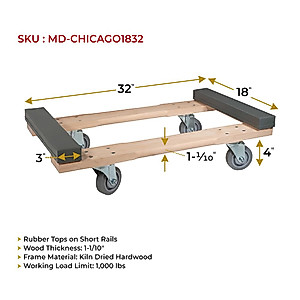 Mytee Products 2 Pack 32"x18" Rubber Caps Moving Dolly with 4" Non-Marking Swivel Caster Wheels 1000 lbs - Chicago Style Heavy Duty 4 Wheel Dolly Cart for Moving Industrial Heavy Loads, Furniture