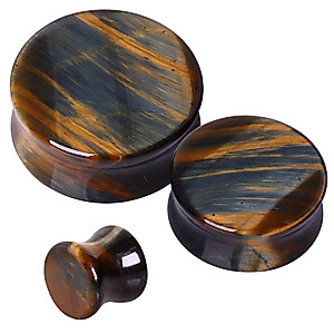COCOBUL 3 Pairs of 7/8" Natural Mahogany Obsidian, Blue Tiger Eye, Zebra Stone Plug PLE010-PLE011-PLE021 [I05-031 / I05-043 / H06-043]