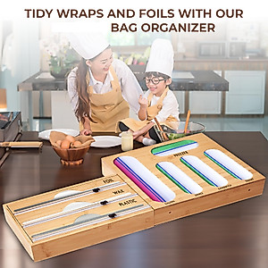 PANDAWOOD 8 IN 1 Storage Bag Organizer for Kitchen Drawer - Bamboo Plastic Bag Organizer - Foil Plastic Wrap Organizer Dispenser with Cutter - Baggie Organizer for Drawer - Sandwich Bag Organizer