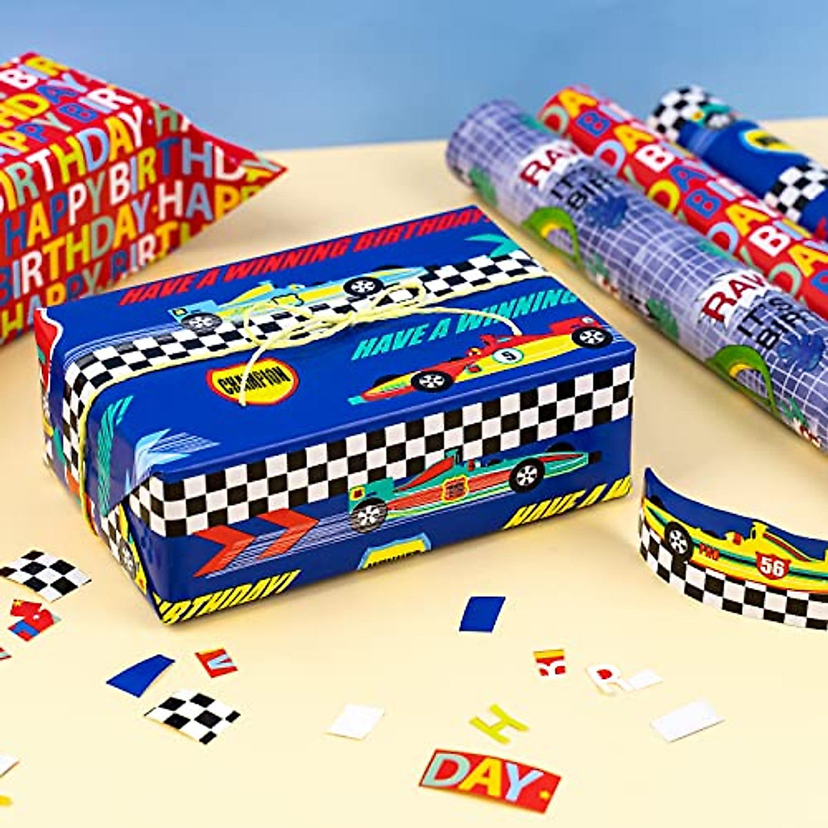 WRAPAHOLIC Birthday Wrapping Paper Roll - Mini Roll - 3 Rolls - 17 Inch X 120 Inch Per Roll - Dinosaurs/Racing Car/Happy Birthday Lettering for Kid's Birthday, Baby Shower