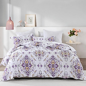 Bedduvit 100% Cotton Duvet Cover Queen Size - Purple Damask Queen Duvet Cover Set, Soft Cozy Paisley Pattern All Season Bedding Comforter Sets with Zipper Closure & 8 Ties (90"x90")
