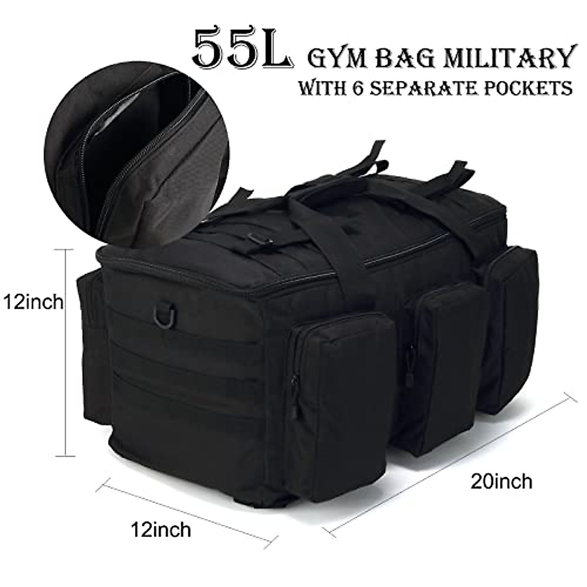 Sparklekle Military Duffel Bag 50L Gym Bag for Men Convertible Weekend Backpack for Sports Travel Camping (Black)