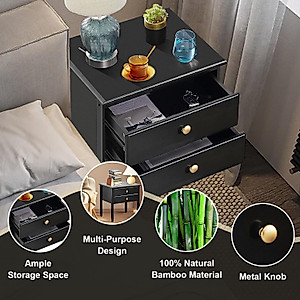 DOUSY Black Bamboo Nightstand Set of 2, Mid-Century Modern Night Stand with 2 Drawers for Bedroom, Bedside Table Side Table for Small Spaces, Bedroom