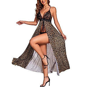 Avidlove Womens Long Nightgown Halloween Lingerie Set Plus Size Lingerie Lace Sleepwer Leopard