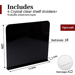 ROUFA 4Pcs Acrylic Shelf Dividers, Adjustable Closet Organizer Fit for Any Thickness of Shelves, Multi-Purpose Wood Shelf Separators for Bedroom, Kitchen, Office, Bathroom, 11.8''x11'' (Black)