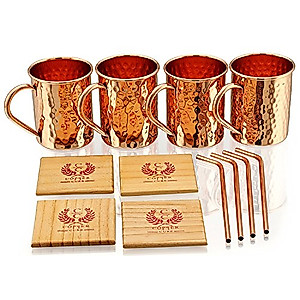 Gift Set Pure Copper Hammered Mugs with Copper Straws & Wooden Coasters Set of 4 - PREMIUM QUALITY -16 Oz Copper Mug - 100% Handcrafted - A Gift Pack for your loved Ones.