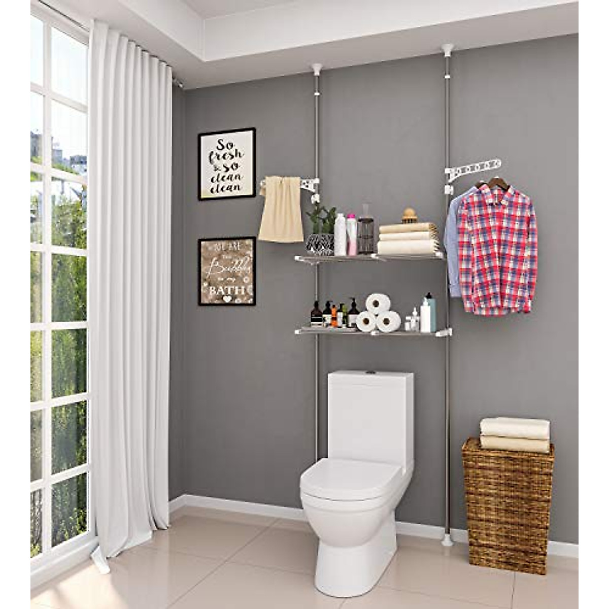 Skywin Over The Toilet Storage Shelf, Easy to Assemble Bathroom Storage, Height and Width Adjustable, Great Toilet Shelf Organizer, No Drill Required (White)