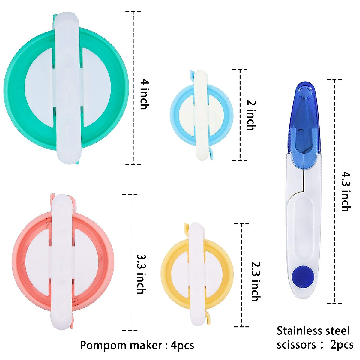 2 Set Pompom Makers of 6 Sizes, JOERSH 50 PCS Pom Pom kit Includes 8 PCS Pom Pom Maker, 2 PCS Thread Cutter Scissors, 40 PCS Plastic Needles for Fluff Ball Weave DIY Wool Yarn Knitting
