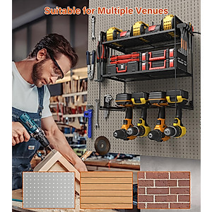 JUNNUJ Power Tool Organizer with 10 Outlet Power Strip, 3 Layer Wall Mount Drill Holder with Charging Station, 4 Drills Storage Shelf Shop Garage Utility Rack, Black