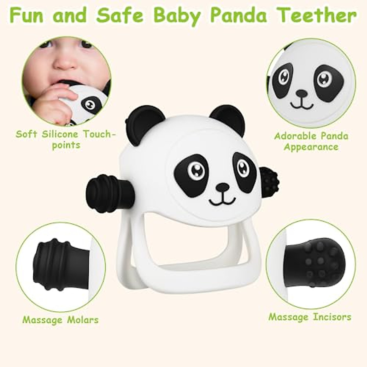 COZYPANDA Teething Toys for Babies 0-6-12 Months, Never Drop Baby Teether for Teething Relief, Silicone Panda Baby Hand Mittens with Sucking Need Pacifier, Baby Chew Toys for Breast Feeding (White)