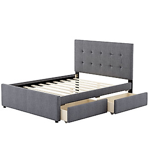 RUNWON Queen Size Linen Upholstered Platform Bed Frame with Headboard and Two Drawers for Bedroom, Grey