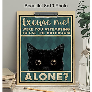 Cat Bathroom Wall Art & Decor - Funny Bathroom Wall Decor - Guest Bathroom - Restroom Sign - Excuse Me Bath Wall Decor - Unique Bathroom Decorations for Women, Kitty, Kitten Fan - Powder Room Wall Art