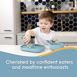 NumNum Toddler Utensils, Pre-Spoon, Fork & Spoon GOOtensils - 4th Stage Silverware for Kids Aged 2+ Years w/Stainless Steel Heads - Silicone Food Feeding Supplies - Set of 4, Pacific Blue & Sea Green