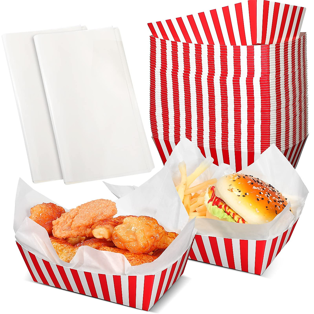 Rtteri 50 Pcs Carnival Party Paper Food Trays with Greaseproof Liner Paper Bulk Striped Circus Party Snack Disposable Food Boats for Carnival Circus Food Truck Party Supplies (Red and White Stripes)