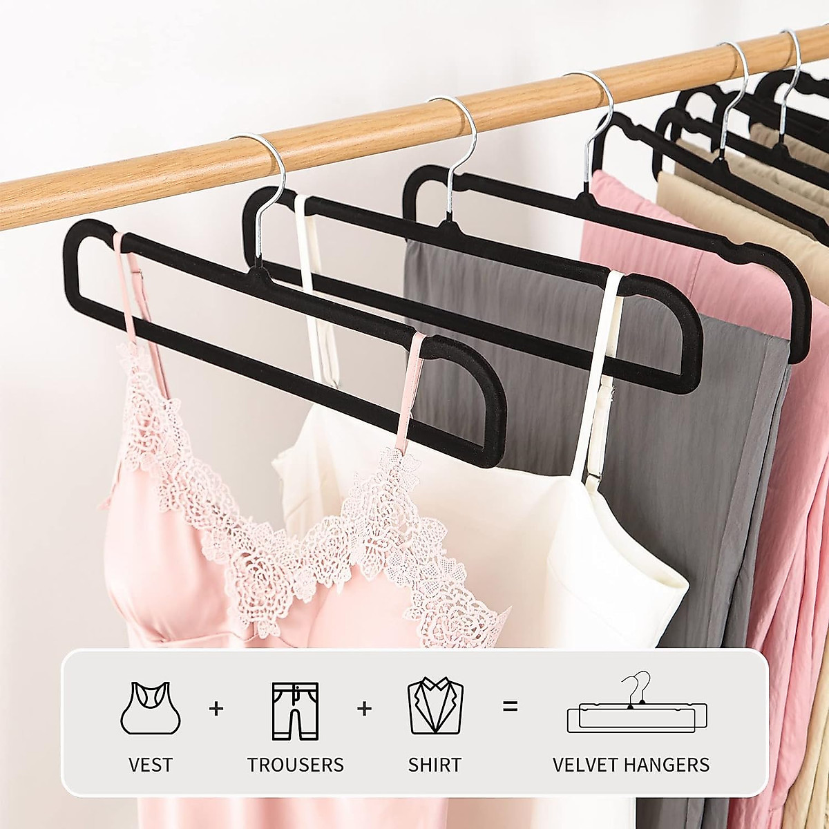 Velvet Pants Hangers with Non Slip Bar, 20 Pack Felt Slack/Trouser Hangers for Closet, Slim & Sleek Space Saving Closet Hangers, 360° Swivel Hook, Tank Top Hangers for Bra, Shorts, Jeans, Towel, Black