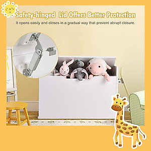 Costzon Wooden Toy Chest, 2 in 1 Toy Box and Storage Chest with Seating Cushion, Finger-Pinch Prevention Toy Storage Case with Seating Bench, Lift-Top Storage Chest for Bedroom/Living Room (White)