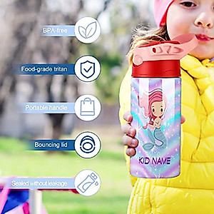 Custom Pink Mermaid Kids Water Bottle with Straw Lid Personalized Add Your Text Stainless Steel Sports Water Bottles Customized Reusable Leak-Proof Toddlers Cup for School, Travel