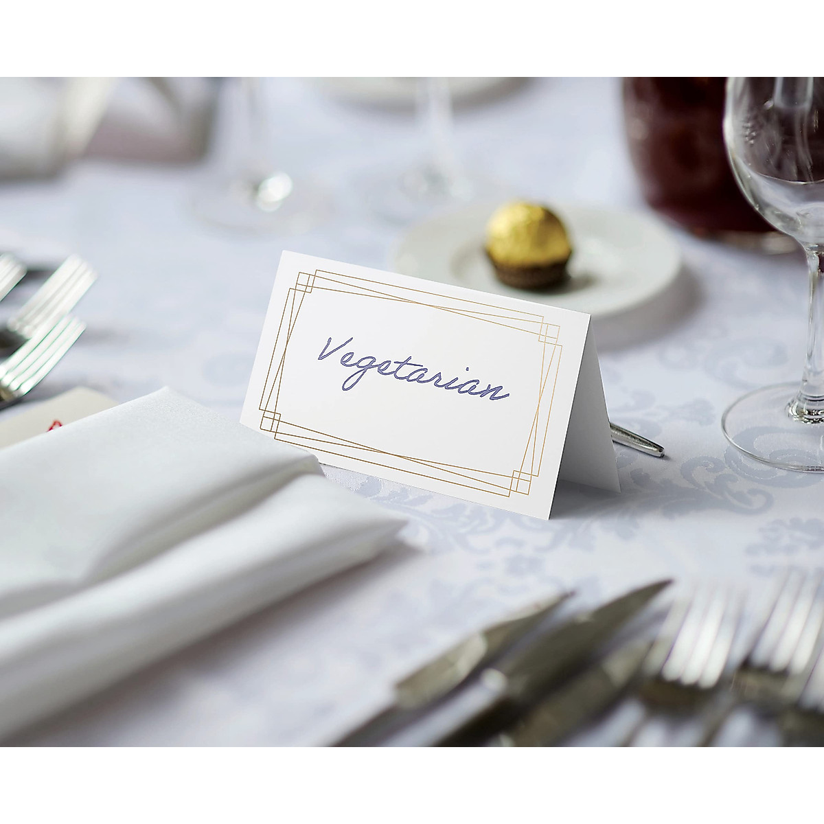 Better Office Products 100 Pack Place Cards, 2 x 3.5 in, White with Modern Metallic Gold Geometric Border, Folded Table Tent Cards for Weddings, Dinner Parties, Buffet Banquets,(100 Count)