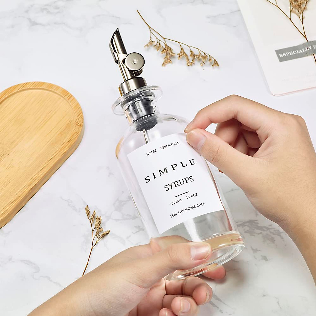 Olive Oil Dispenser Bottle for Kitchen, Coffee Syrup Dispenser w. Weighted Pourer, Glass Bottle Dispenser for Kitchen, Olive Oil Cruet, Glass Olive Olive Bottle | Set of 2 (Gold)