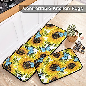 susiyo Sunflower Blue Butterfly Painted Kitchen Mat Set of 2 Pieces Non-Slip Comfort Memory Foam Rug for Kitchen Sink Laundry Office 19.7"x47.2" +19.7"x27.6"