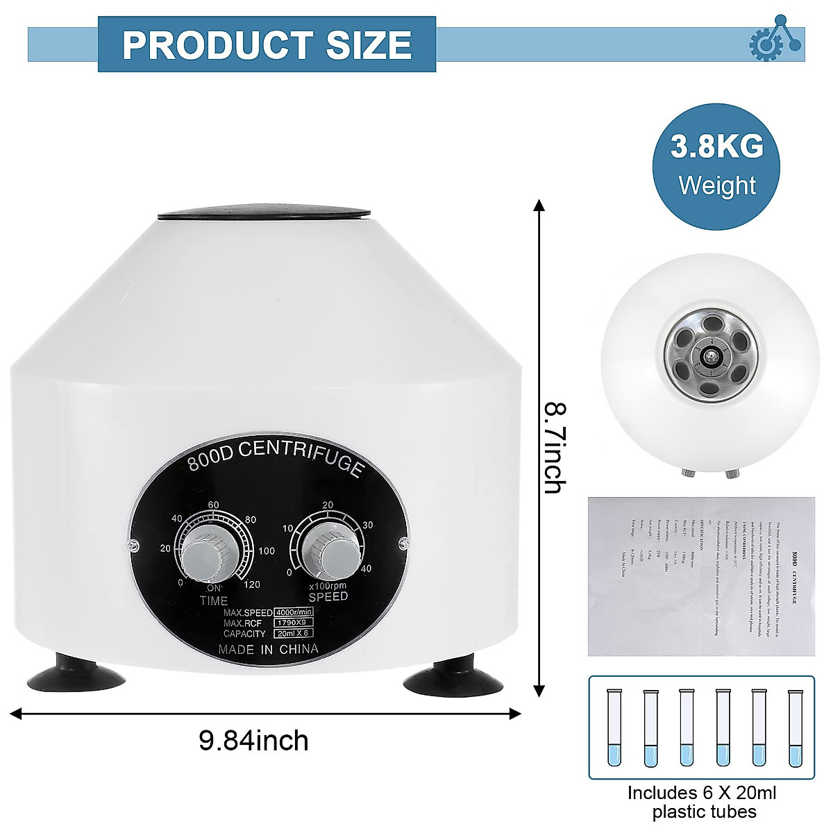 POWLAB Electric Centrifuge Machine Desktop Laboratory Benchtop Centrifuges Lab Medical Practice with Timer and Speed Control - Low Speed,4000 RPM, Capacity 20 ML x 6-110v
