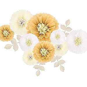 Fonder Mols Tissue Paper Chrysanth Flowers Paper Leaves DIY Crafting for Rustic Wedding Backdrop Baby Shower Nursery Decorations (Set of 15, Khaki Ivory White)