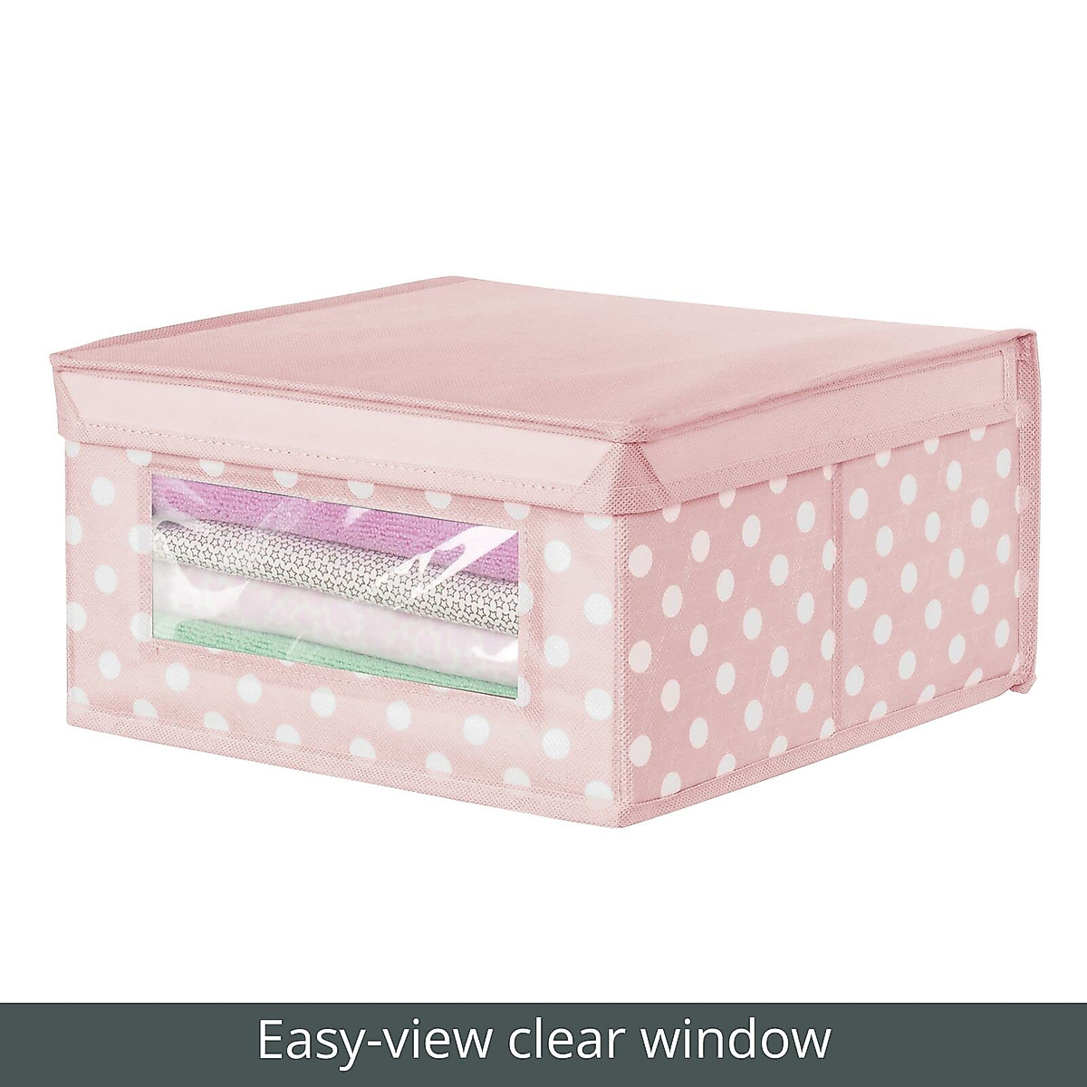 mDesign Medium Soft Stackable Fabric Baby Nursery Storage Organizer Holder Bin Box with Front Window and Lid for Child/Kids Bedroom, Playroom, Classroom - 4 Pack - Pink/White Polka Dot