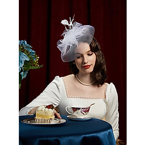 Cizoe Tea Party Fascinator Hats for Womens 50s Headwear with Veil Flower Cocktail Wedding Church Kentucky Derby Hat(02-white)
