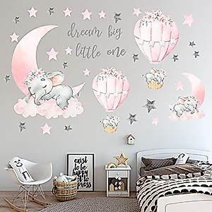 Dream Big Little One Elephant Wall Stickers, Pink Moon Hot Air Balloon Grey Stars Wall Decals for Nursery Kids Room Living Room Bedroom Decorations Home Decor