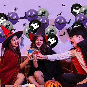 50Pcs Halloween Party Balloons Decorations Black Purple Silver Halloween Balloon 12 Inch Latex Balloons Bat Ghost Witch Balloon for Kids Halloween Trick or Treat Party Birthday Baby Shower Supplies