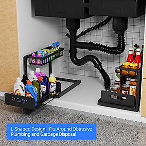 2-Tier Under Sink Slide Out Organizer, Pull Out Cabinet Storage Shelf with Sliding Storage Wire Basket Drawer for Bathroom Kitchen, Countertop or Pantry Storage shelf, Black