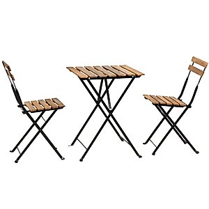 3 Pieces Bistro Set Outdoor Furniture Sets 2 Folding Chairs and Table Steel Frames and Weather-Resistant Wood Portable Design for Bistro & Balcony (Natural)
