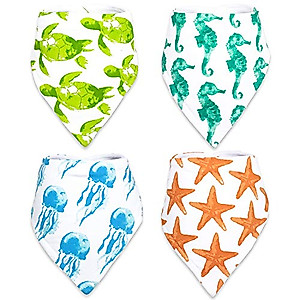 Stadela 100% Cotton Baby Bandana Drool Bibs with Snaps for Drooling Teething Burp Cloths 4 Pack Set Unisex Boy and Girl - Coral Reef Ocean Sea Beach Summer Tropical Turtle Seahorse