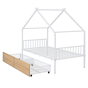 Metal House Bed for Kids, Twin Size Bed Frame with Storage Drawers and Slats, Kids Bed Frame with Headboard and Footboard, Twin Size House Bed for Kids, Girls, Boys(Twin White)