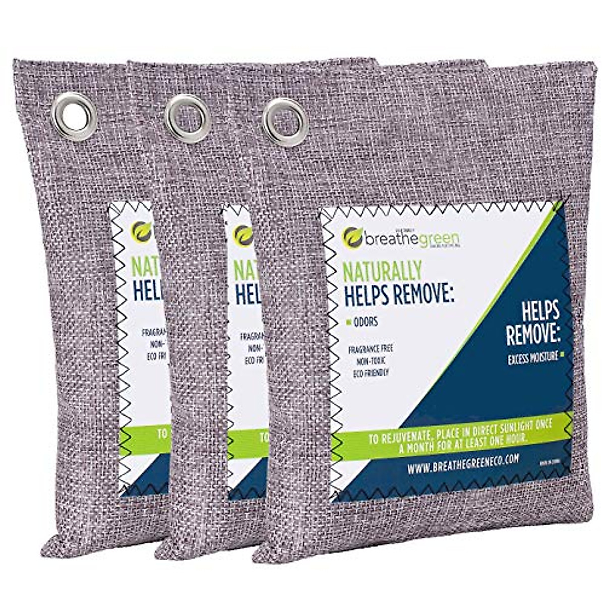 Breathe Green Bamboo Charcoal Odor Eliminator Bag (3 Bags), Activated Charcoal Odor Absorber, Natural Freshener Removes Odors and Moisture, Odor Eliminator for Home, Pets, Car, Closet, Basement, RV