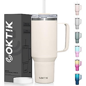 COKTIK 40 oz Tumbler With Handle and Straw Lid, 2-in-1 Lid (Straw/Flip), Vacuum Insulated Travel Mug Stainless Steel Tumbler for Hot and Cold Beverages,Easy to Clean (Beige)