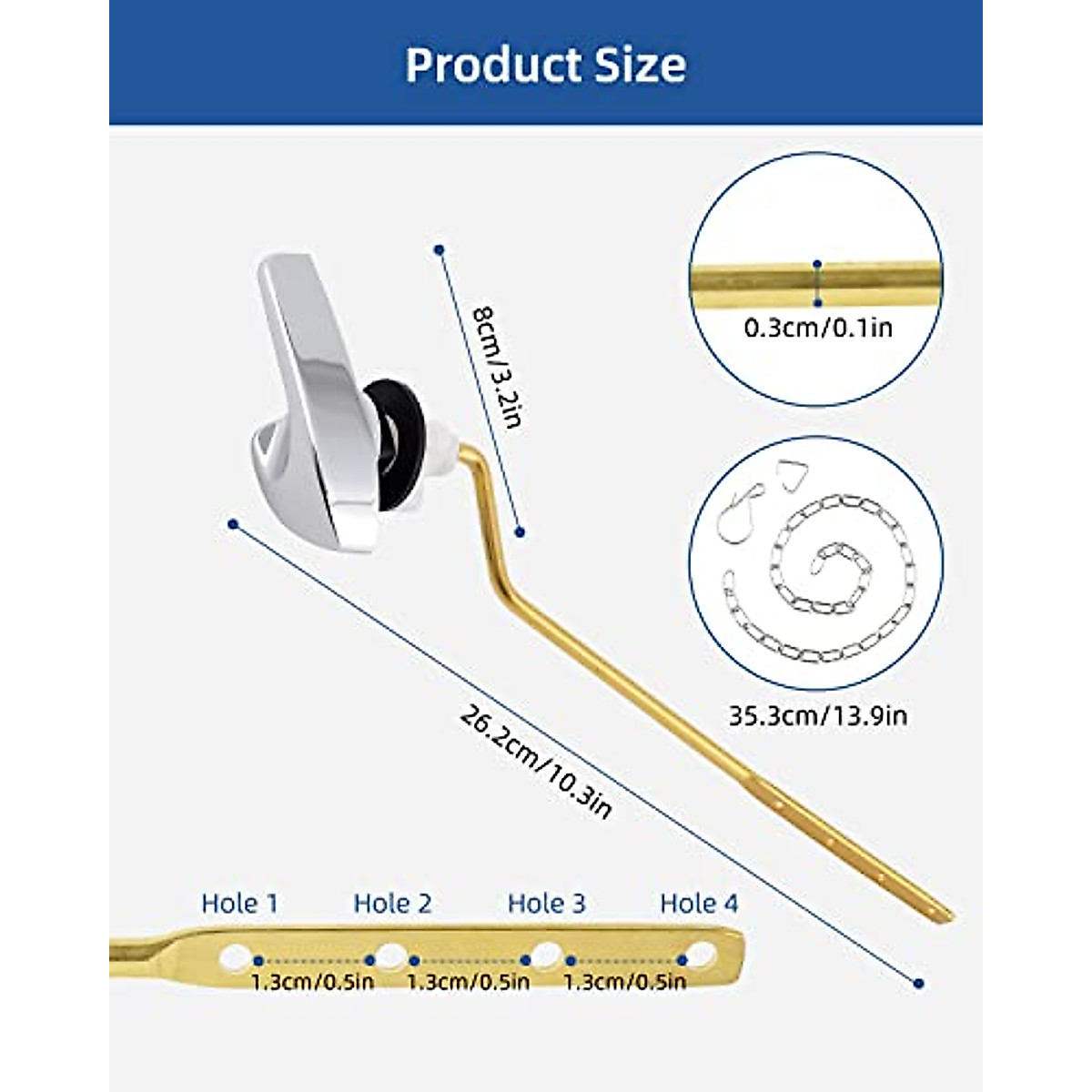 Hibbent Toilet Handle Replacement, Side Mount Tank Flush Lever Handle Compatible with Kohler Toilet Tank, Toilet Trip Lever with Stainless Steel Flapper Chains, Toilet Repair Handle, Chrome