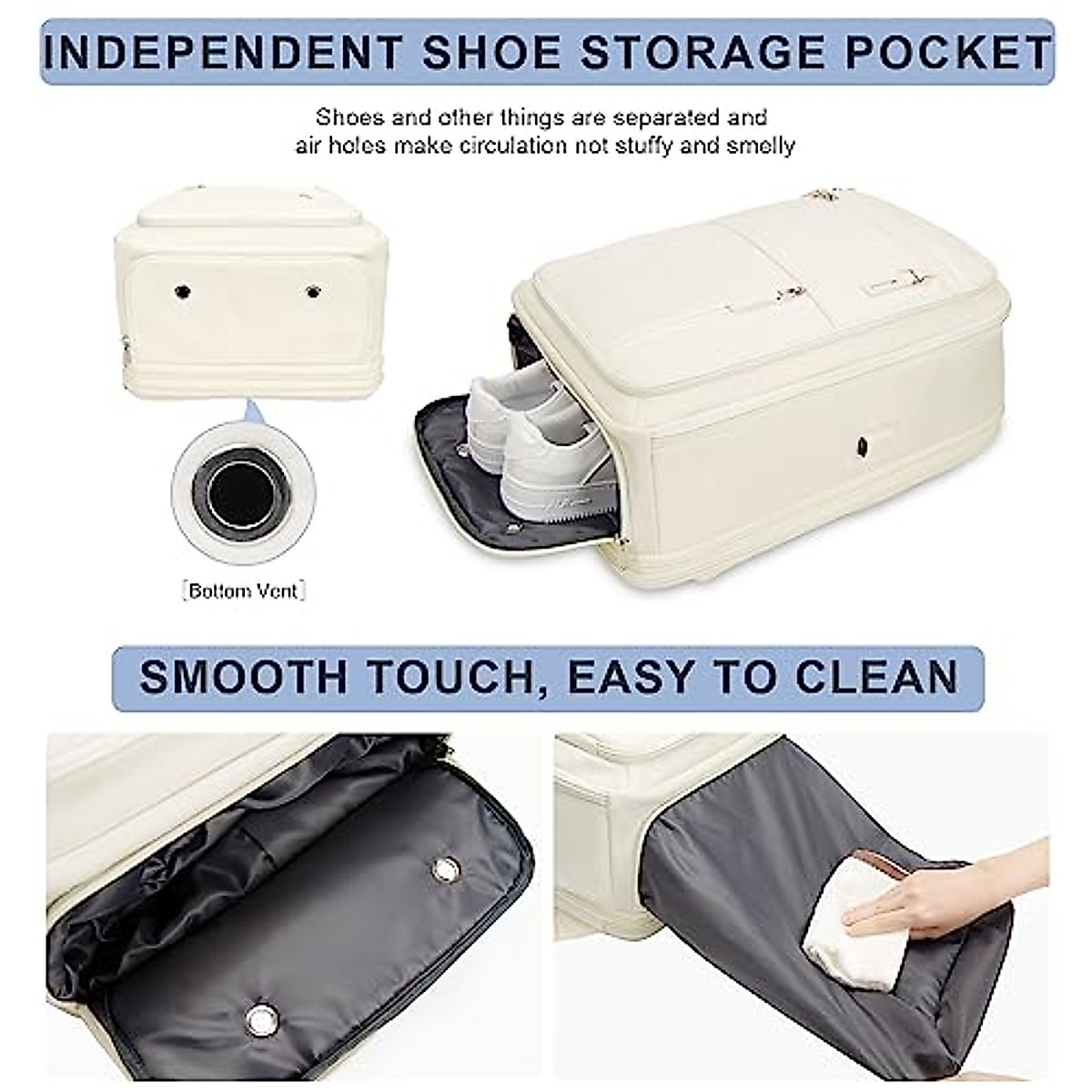 Hp hope Travel Backpack for Women Men, Expandable Airline Approved Carry On Backpack Flight Approved, Waterproof Hiking Weekender Backpack with USB Charging Port & Shoes Compartment, White