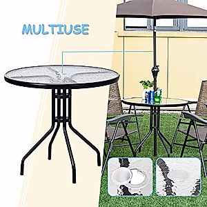 Tangkula 32” Outdoor Dining Table Round, Tempered Glass Top Steel Frame with 1.6 inch Umbrella Hole, All Weather Patio Side Table for Backyard Lawn Balcony Poolside or Garden