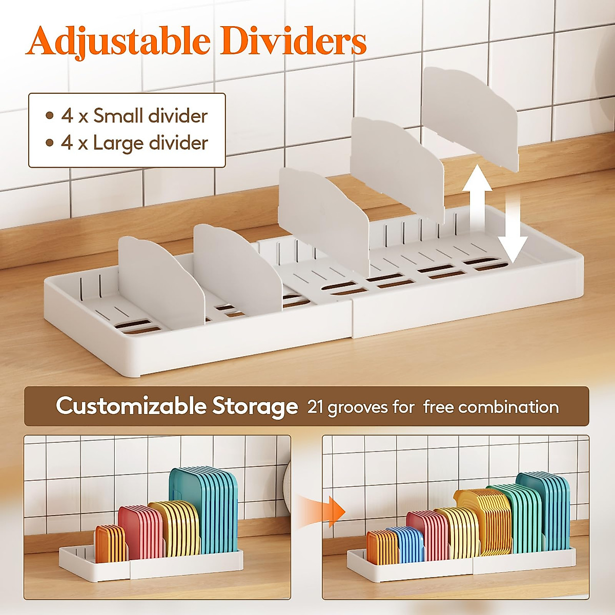 Lifewit Lid Organizers for Cabinet Adjustable, Extra Large 13-24" Food Storage Container Lid Divider with 8 Inserts & 21 Compartments, Plastic Lid Holder Inside Cabinet in Kitchen/Pantry Organization